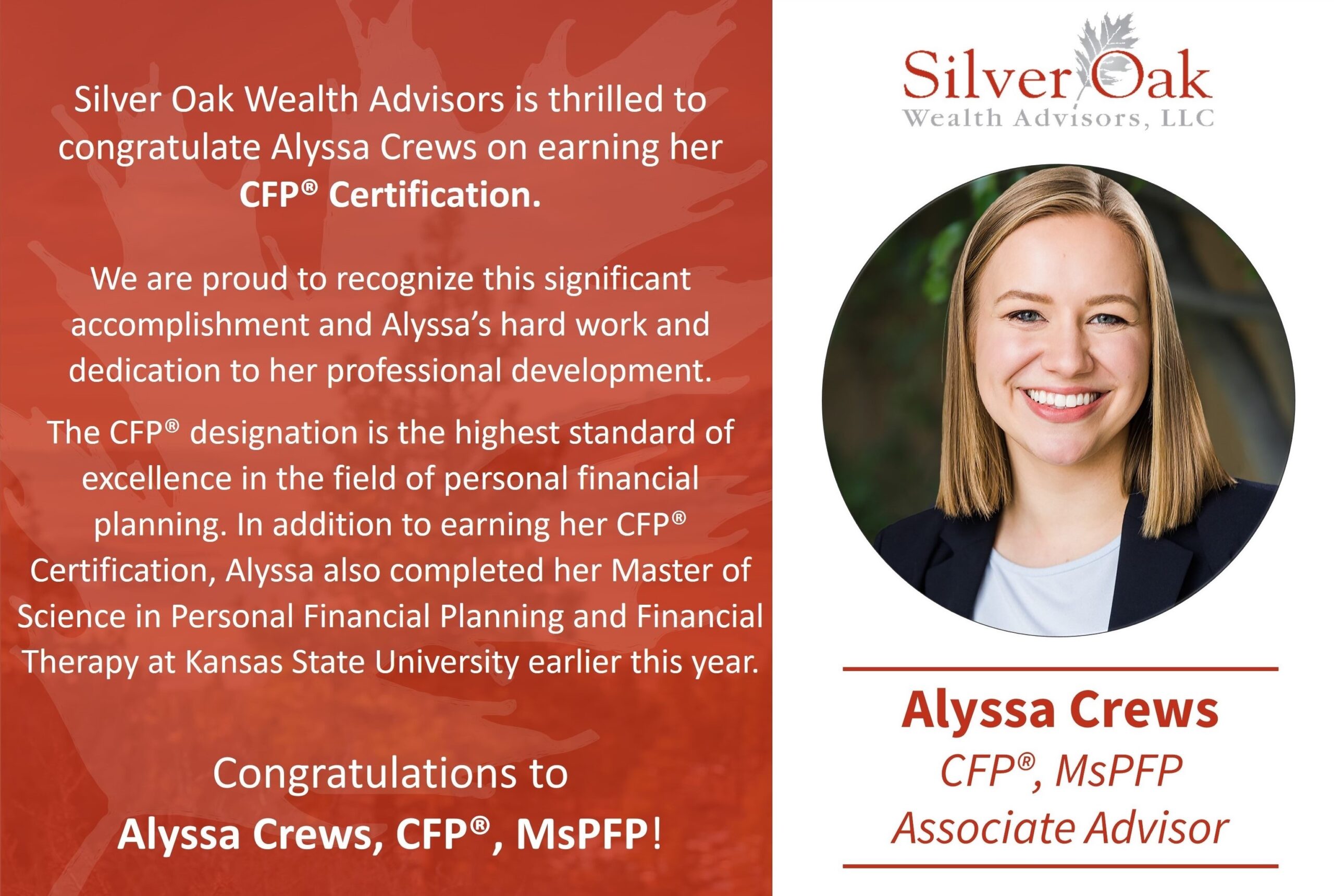 Congratulations to Alyssa Crews, CFP®, MsPFP! - Silver Oak Wealth Advisors